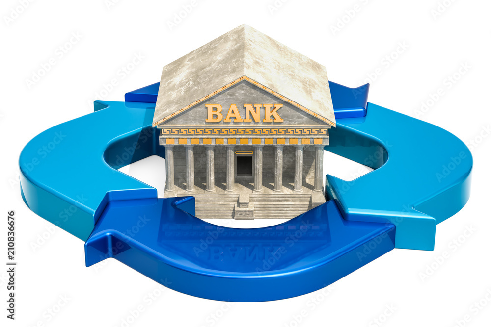 Banking system concept. Business diagram from arrows with bank building ...