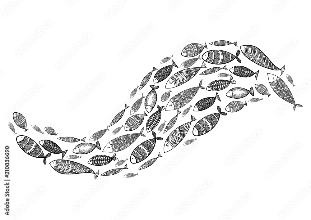 School of fish. Stylized group of stylized fishes swimming in the pack ...