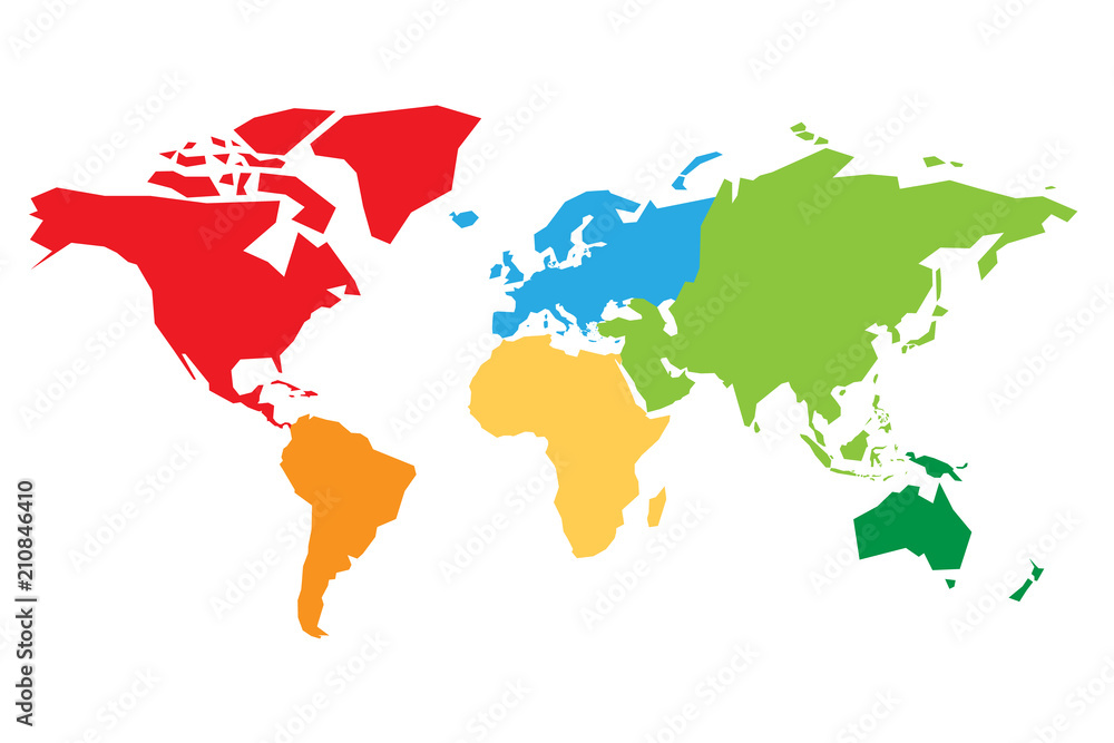 World map divided into six continents. Each continent in different ...