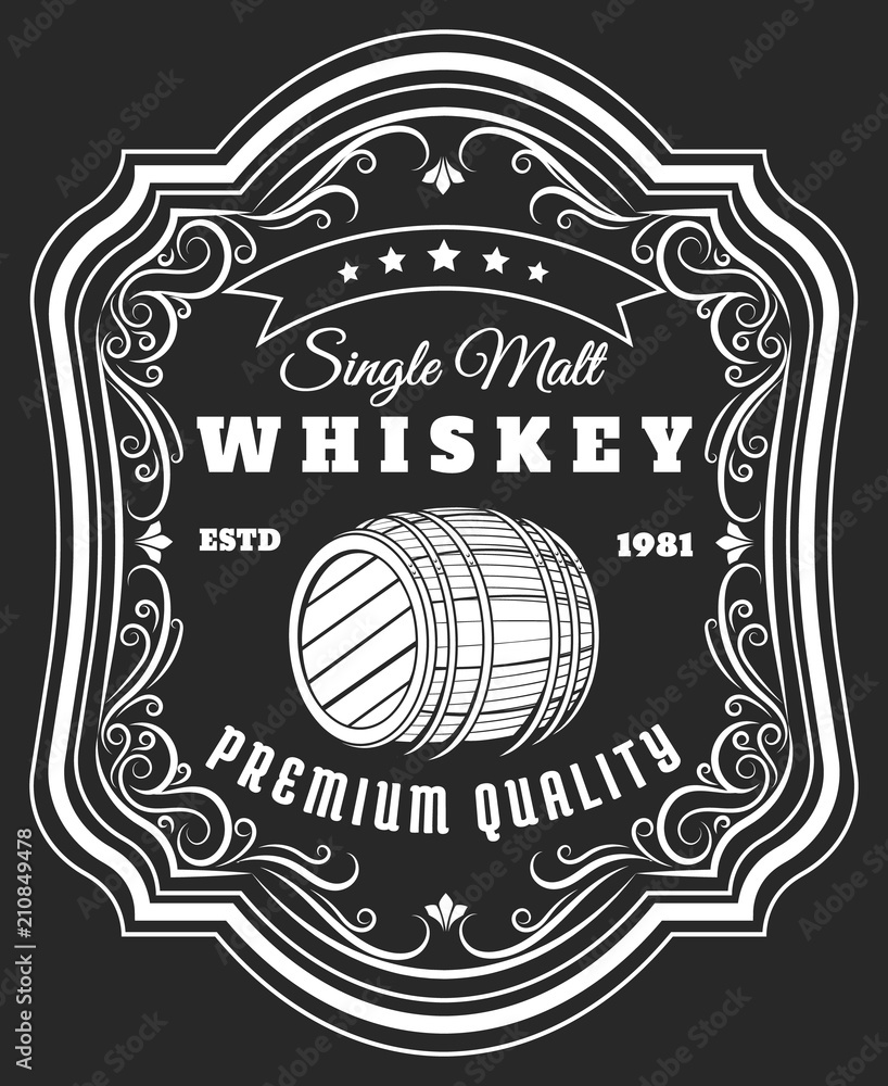 Whiskey barrel label. Old style rustic beverage sticker with frame ...