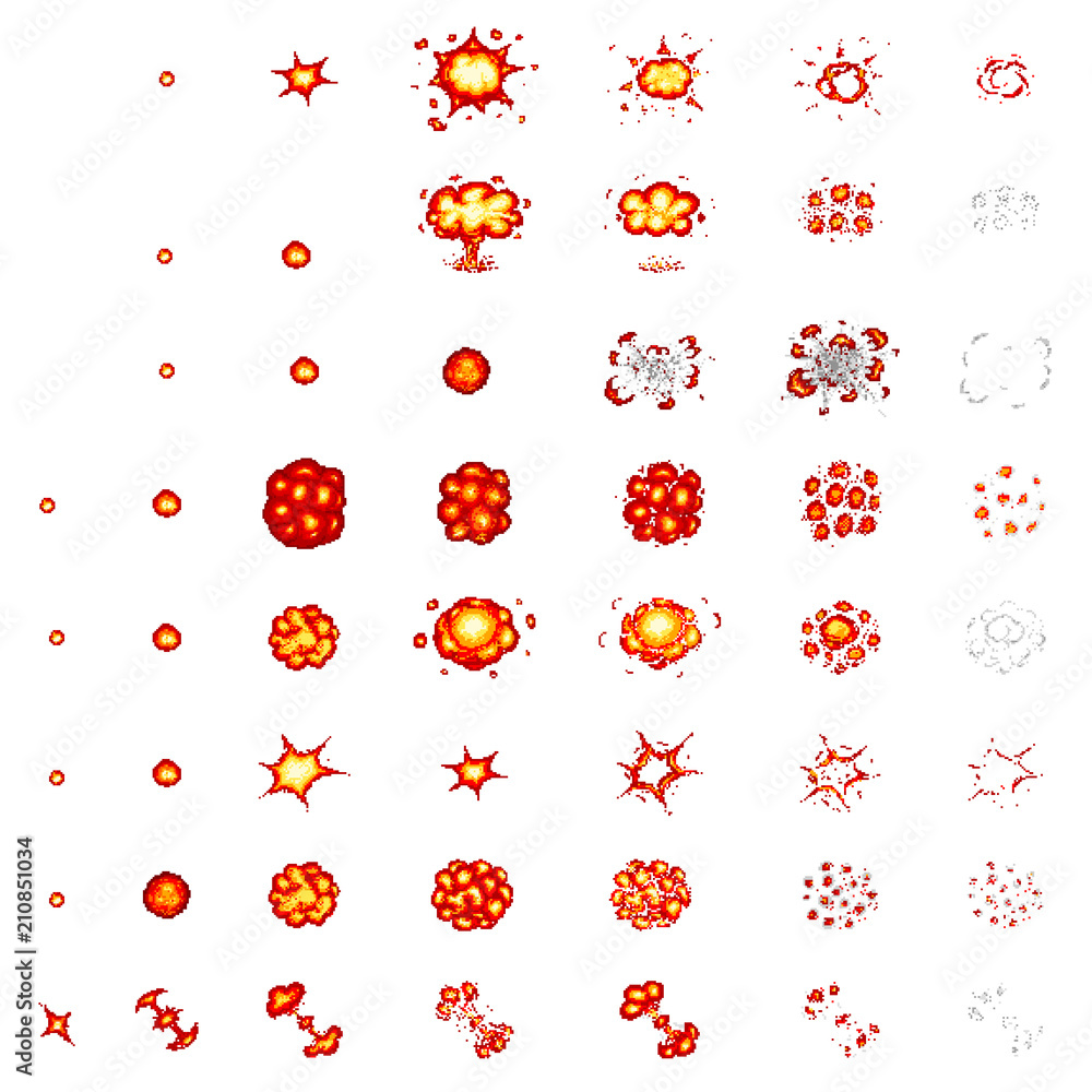 Pixel art explosions. game icons set. Comic boom flame effects for ...