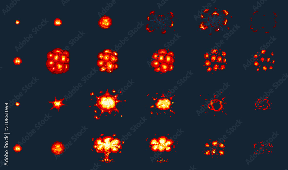 Pixel art explosions. game icons set. Comic boom flame effects for ...