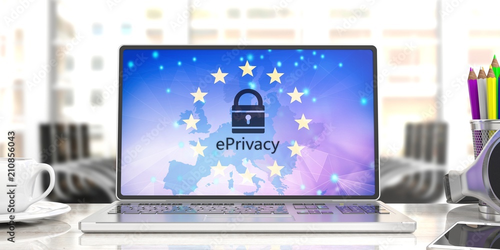 e privacy on a computer screen, blur office background. 3d illustration ...