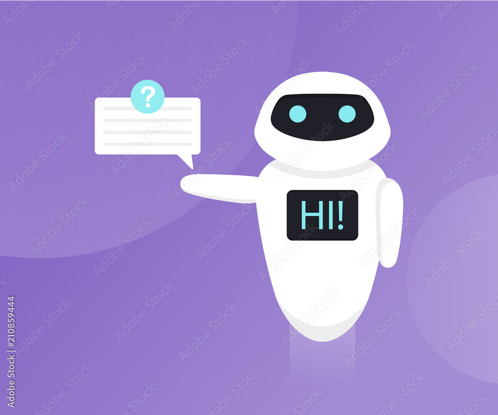 Chat bot isolated on the ultraviolet background. Bot holds speech ...