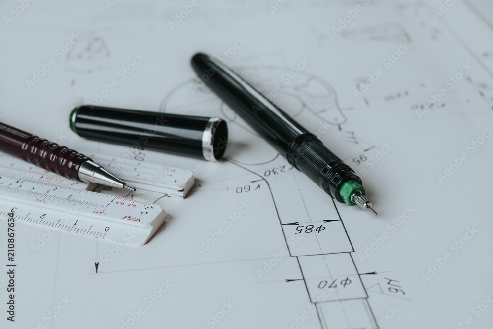 Technical pen (rapidograph) and technical drawing. Engineer equipment ...