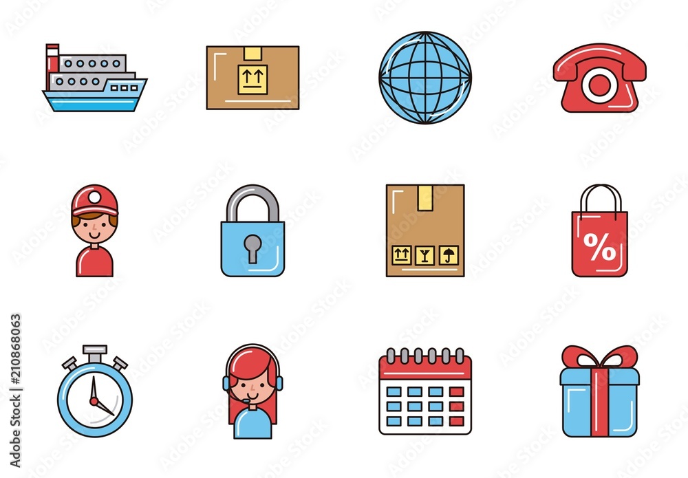 20 Colorful Travel and Commerce Icons Stock Template | Adobe Stock