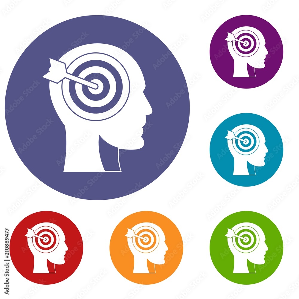 Target in human head icons set in flat circle red, blue and green color ...