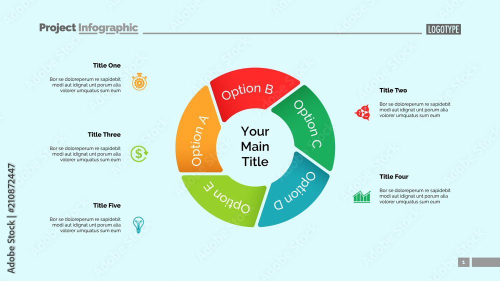 Pie chart with five elements. Diagram, option graph, layout. Business ...
