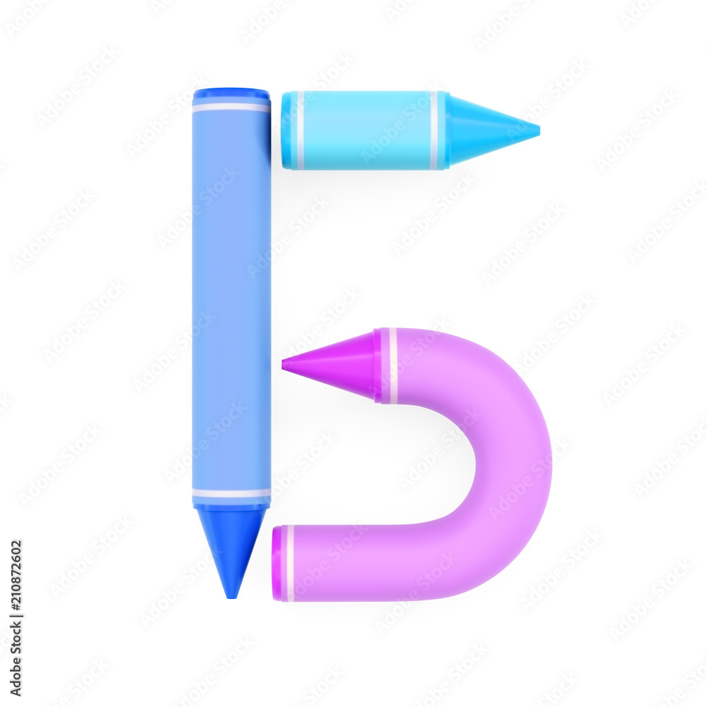 Colored wax crayons assembled like capital letter letter B or Be of ...