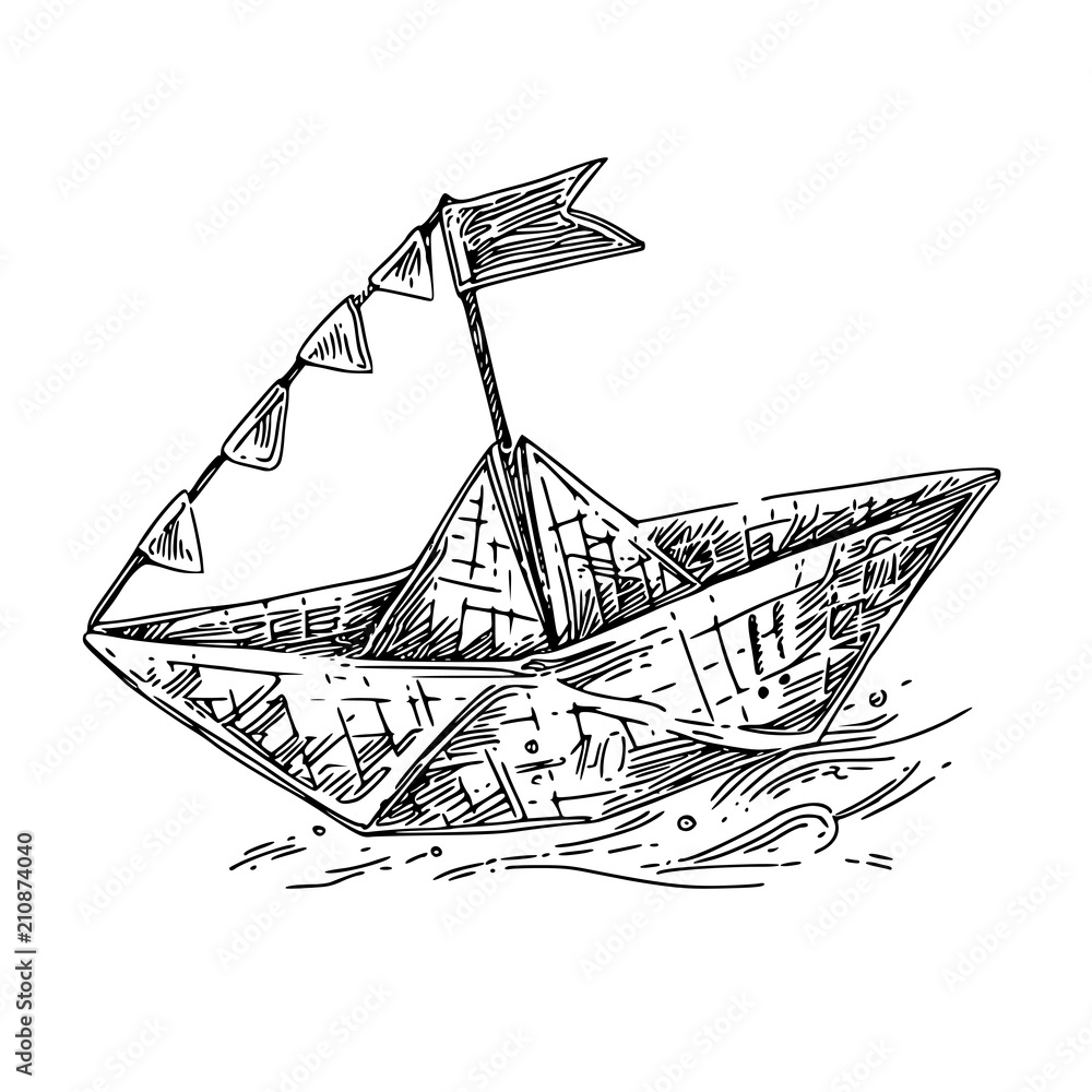 Paper boat with flag. Sketch. Engraving style. Vector illustration ...