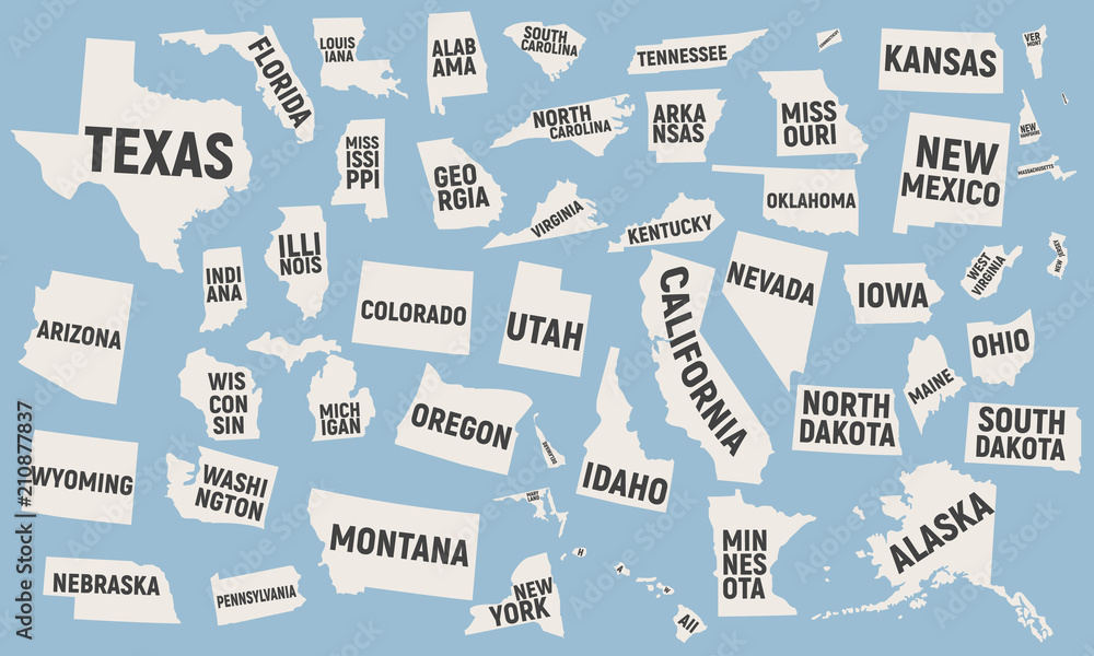 United States of America icons. Set of 50 map state icons with names ...