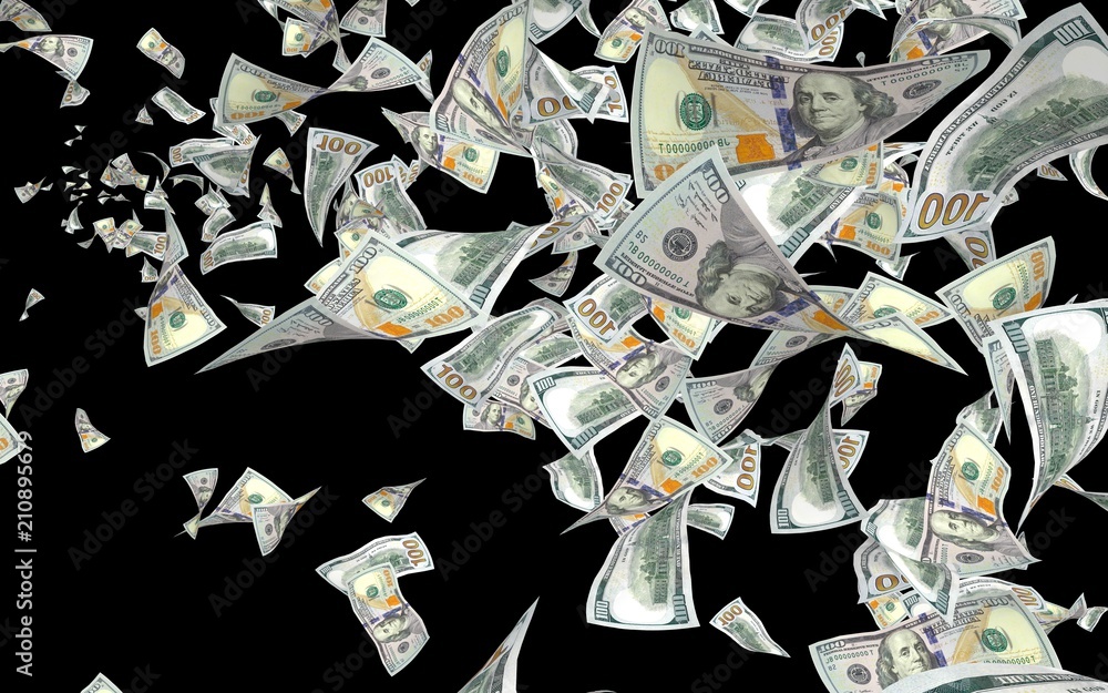 Flying dollars banknotes isolated on dark background. Money is flying ...