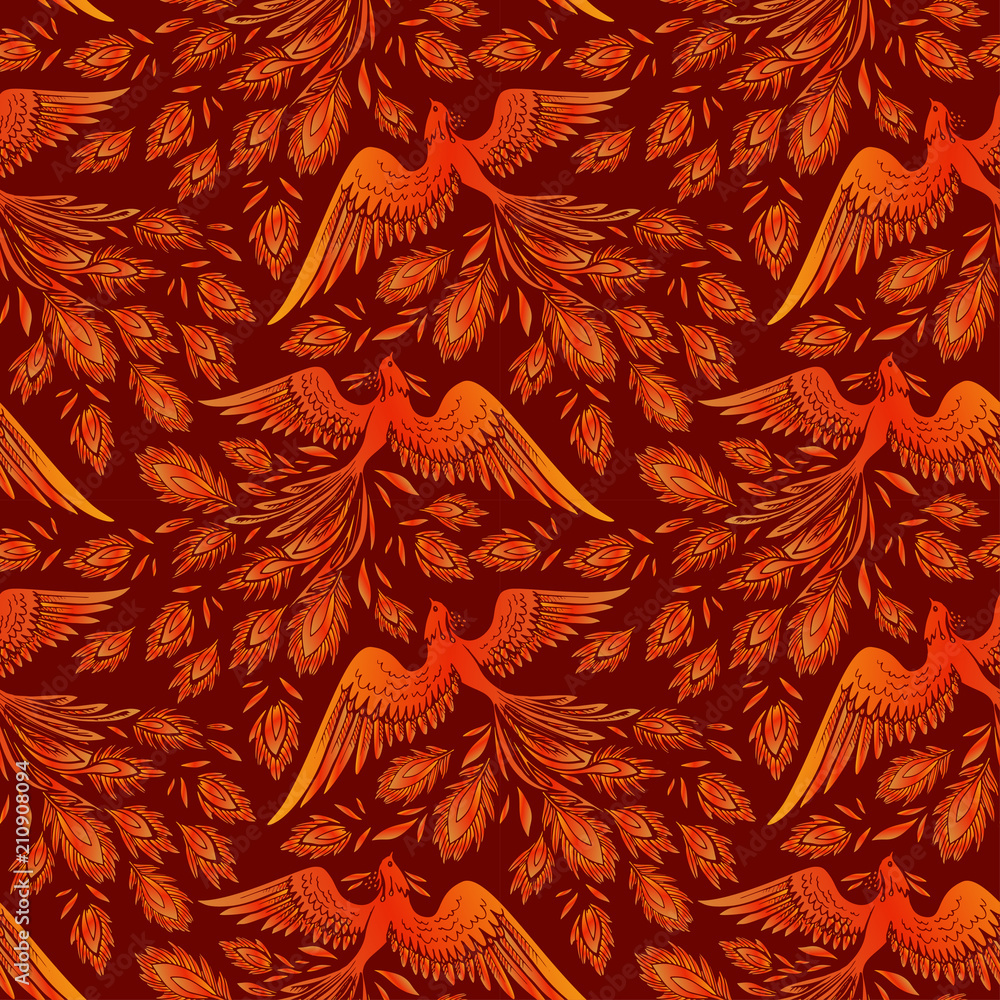 Seamless Phoenix Fire bird background. Hand drawn Phoenix tattoo ...