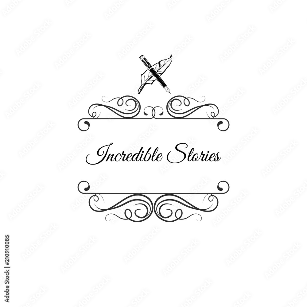 Feather ink pen icon. Writer logo. Swirls, decorative frame. Incredible ...