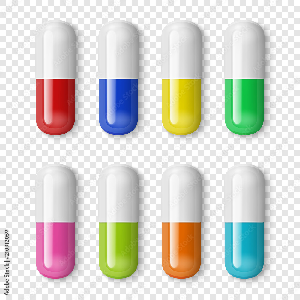 Vector realistic 3d different color medical pill icon set isolated on ...