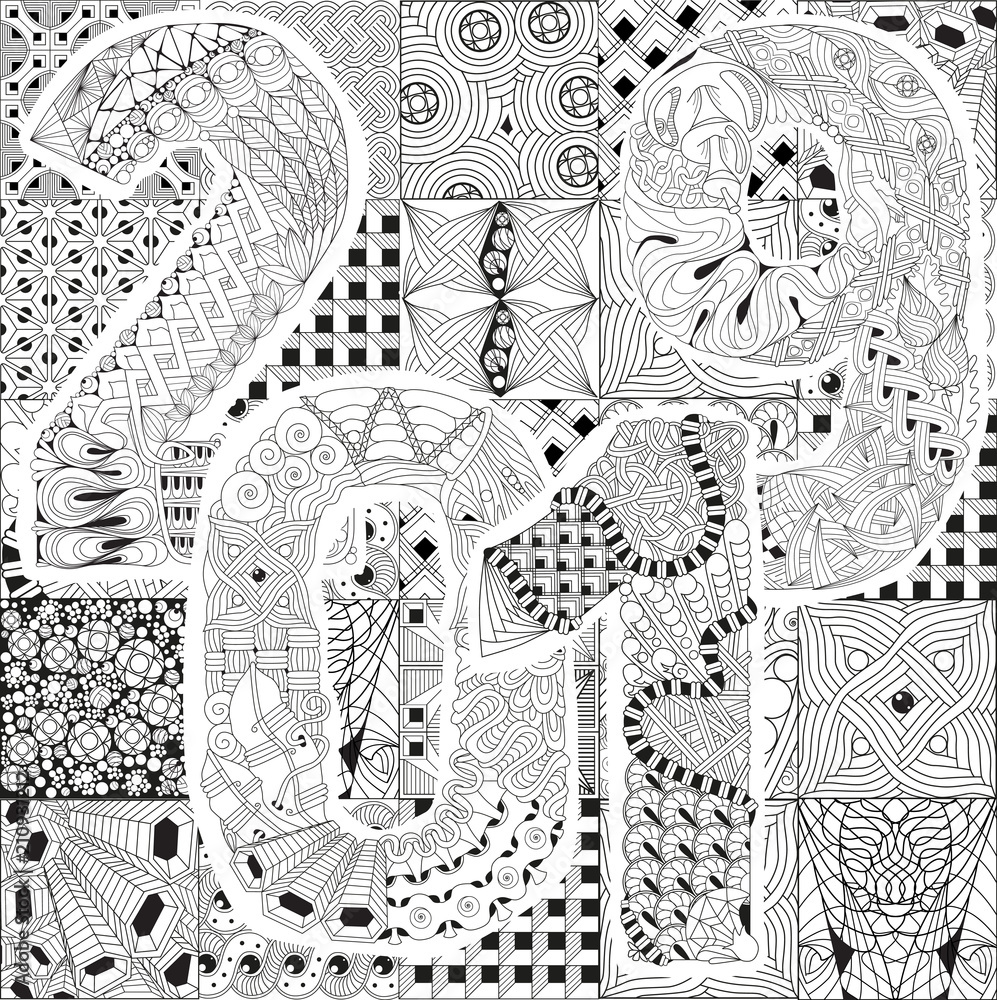 Hand drawn zentangle background for coloring page. Number 2019 Stock ...
