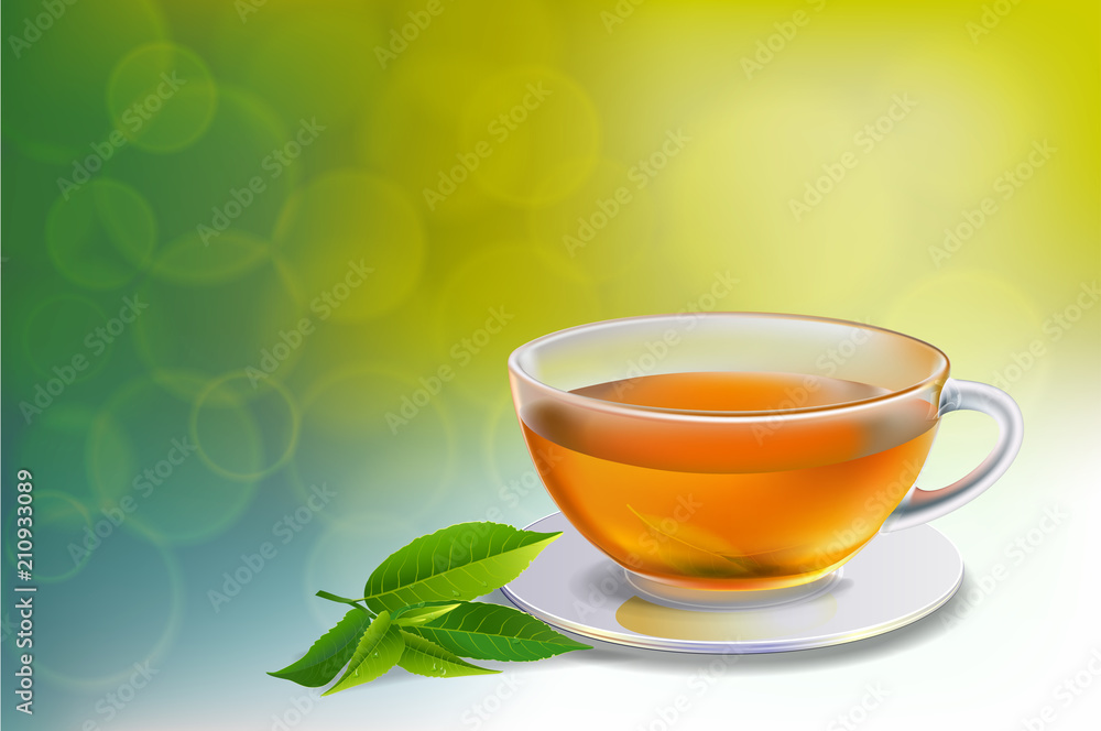Black tea and green tea cup brochure, banner, leaves vector. Stock ...