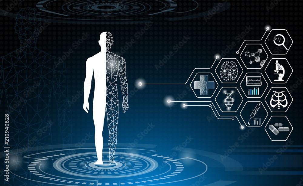 abstract background technology concept in blue light,brain and human ...