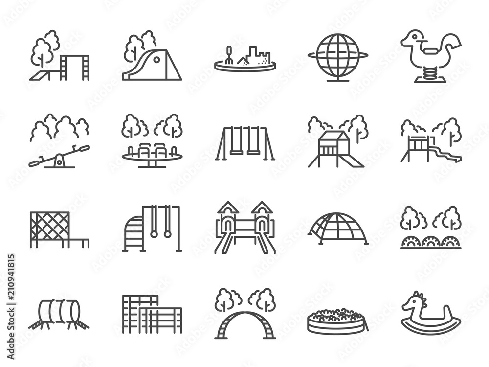 Playground icon set. Included icons as kids outdoor toy, sandbox ...