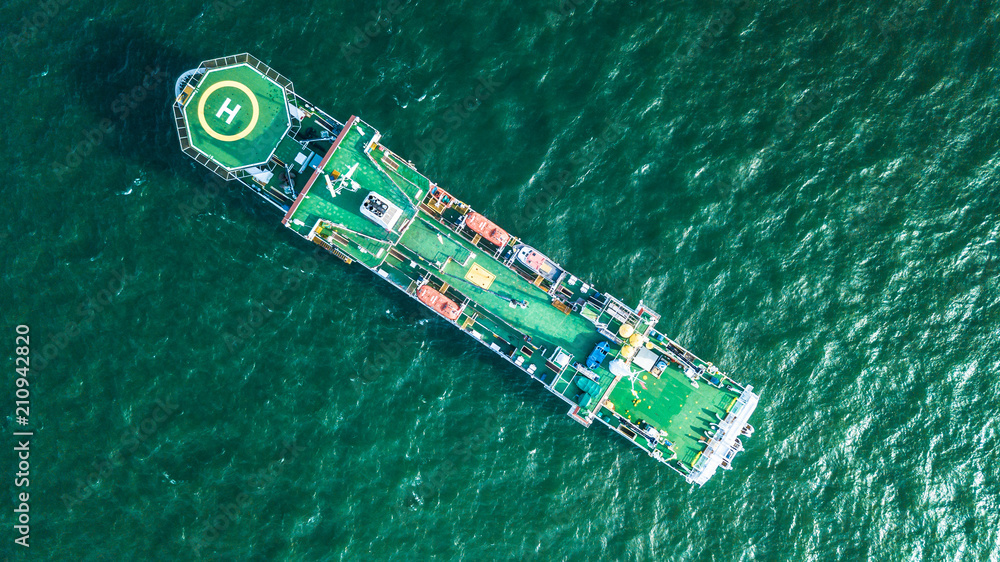 Cable laying ship anchored in Singapore, Aerial top view cable ship ...