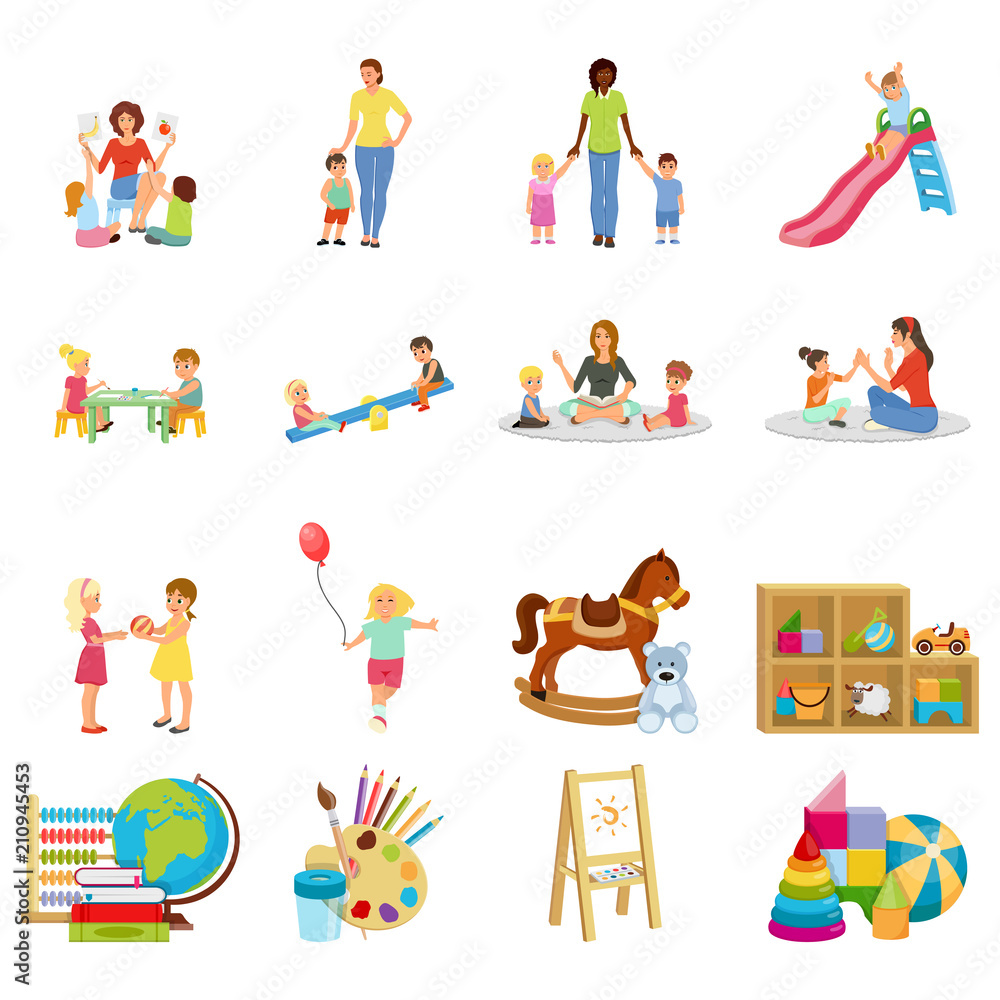 Kindergarten Flat Icons Set Stock Vector | Adobe Stock