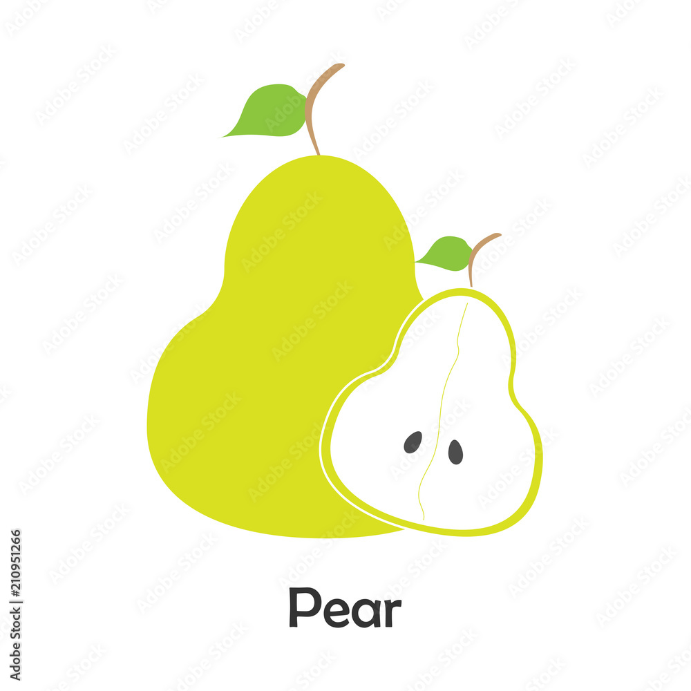 Pear with slice in cartoon style, card with fruit for kid, preschool ...