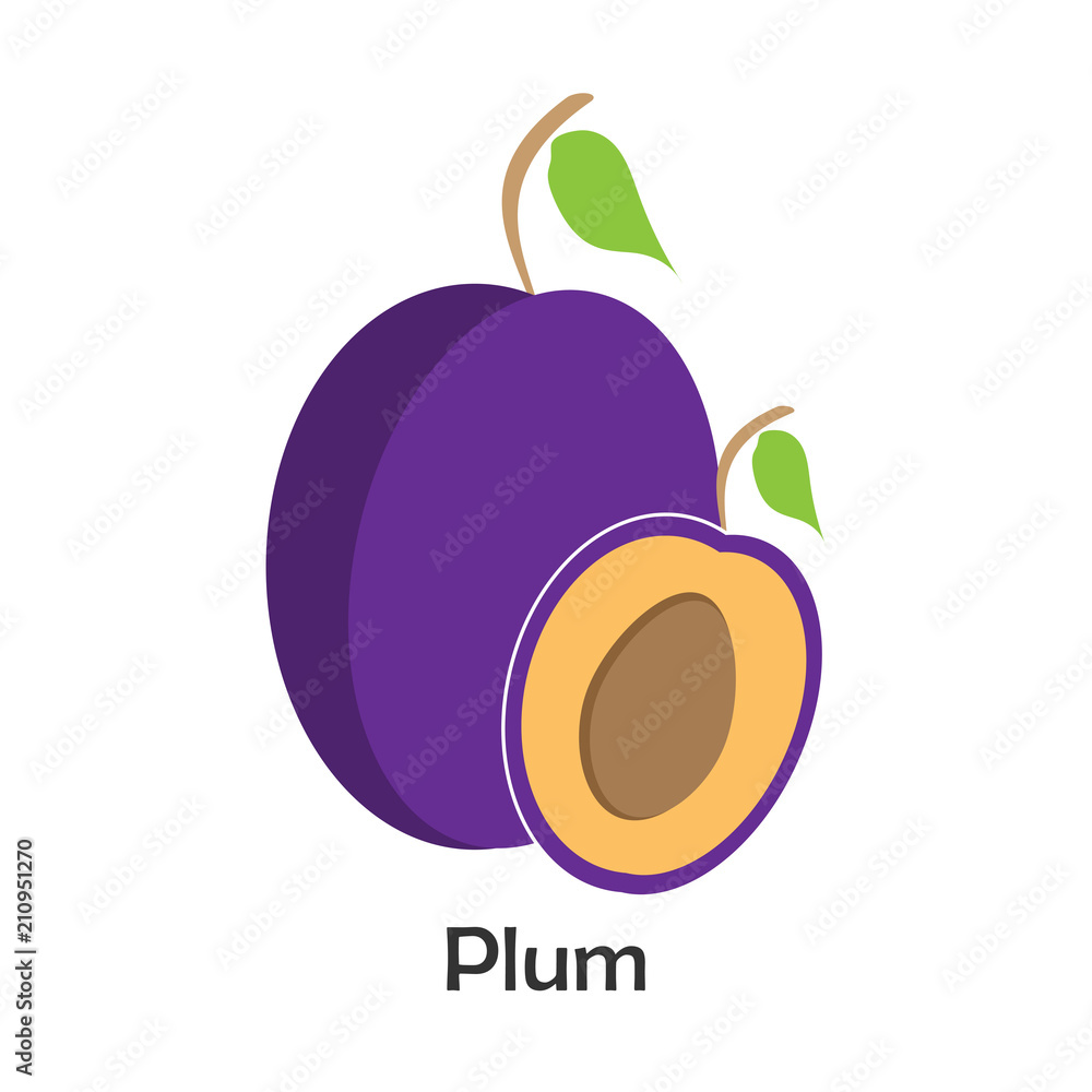 Plum with slice in cartoon style, card with fruit for kid, preschool ...