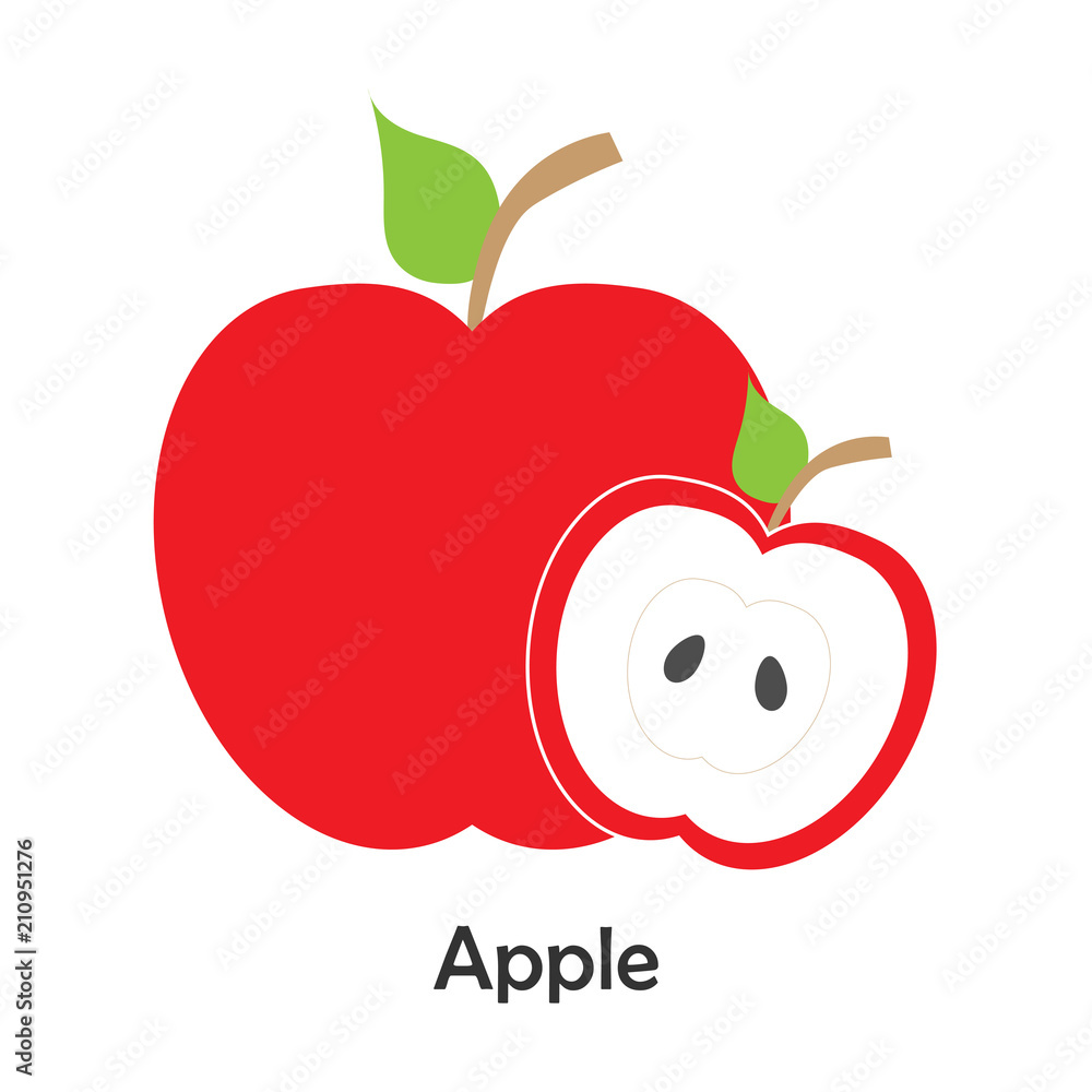 Apple with slice in cartoon style, card with fruit for kid, preschool ...