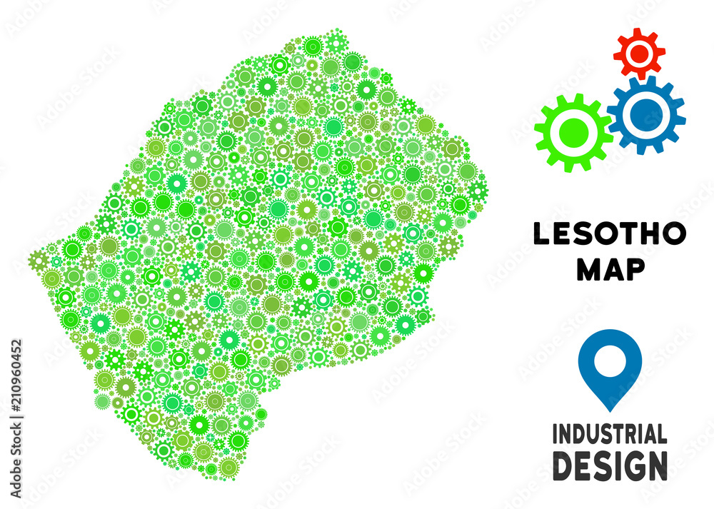 Gear Lesotho map collage of small wheels. Abstract territory plan in ...