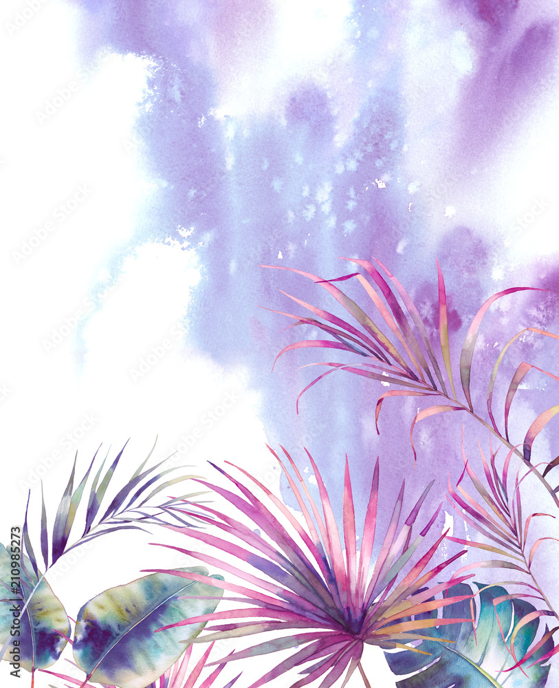 Watercolor summer background. Hand drawn poster or card design with ...