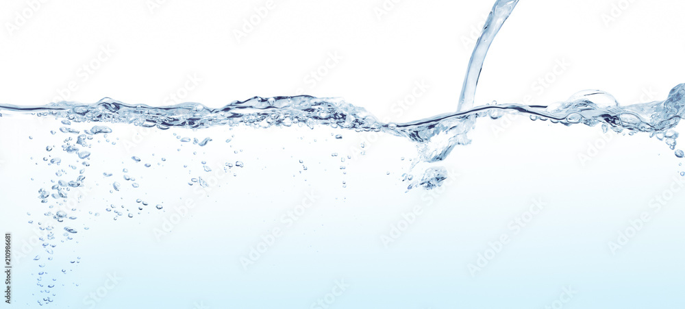 Water line surface and water jet splashing against white background ...