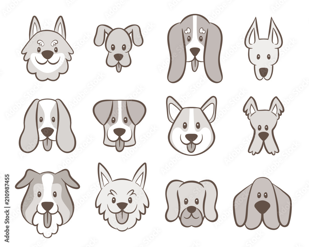 Hand drawn dog faces collection. Avatar icon set isolated on white ...