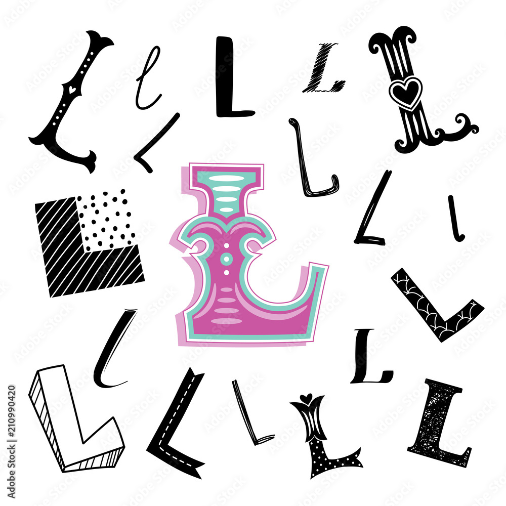 Set of letter L in different style. Freehand drawing on a white ...
