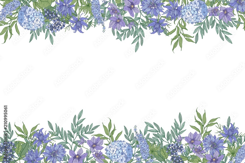 Floral horizontal background with decorative border consisted of ...
