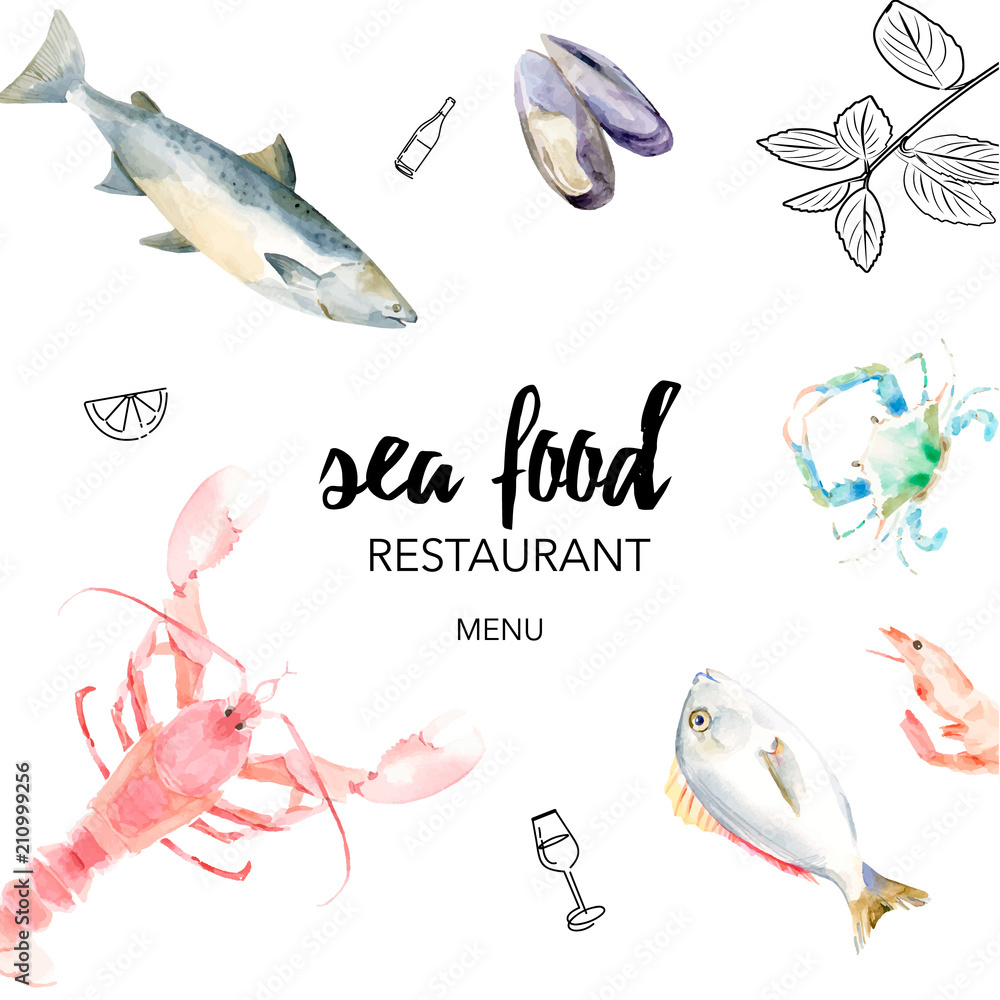 Colorful vector watercolor illustration of seafood collection for food ...