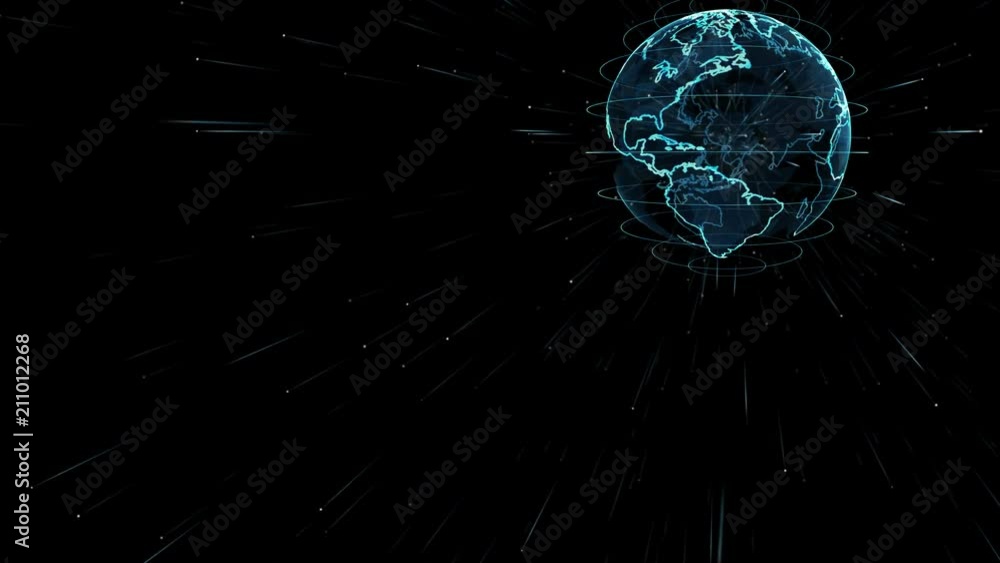 Earth connections, Rotation of glossy planet with glowing particles ...