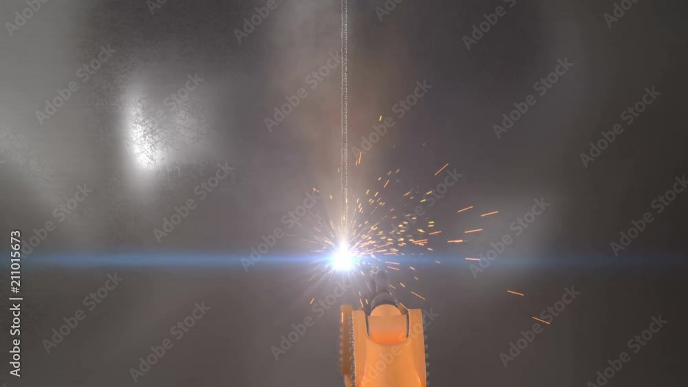 Robot Arm Cutting Steel Plate Process with Sparks and Flare. Two Plates ...