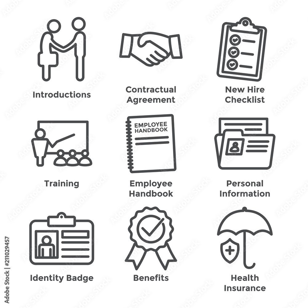 New Employee Hiring Process icon set w checklist, handshake, training ...