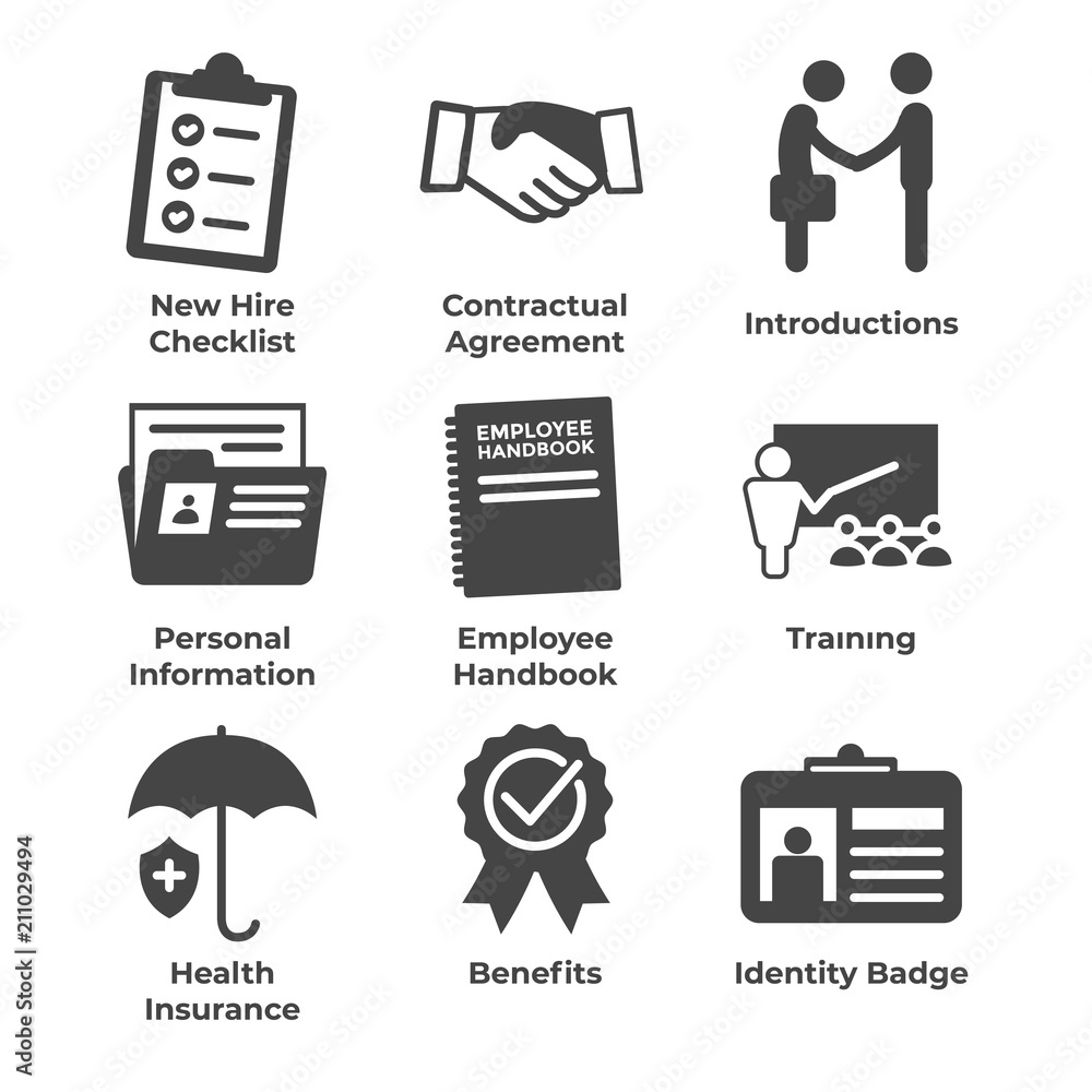 New Employee Hiring Process icon set w checklist, handshake, training ...
