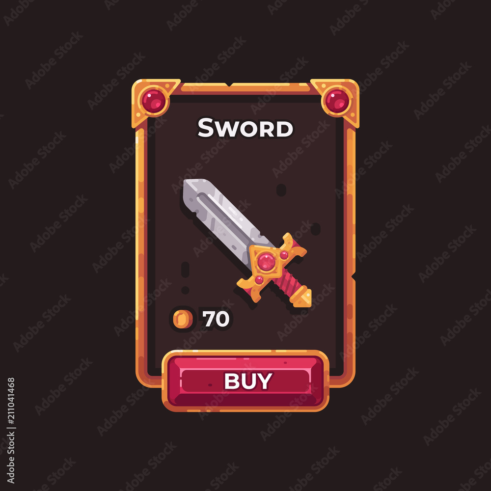 Fantasy game weapon shop UI illustration. Medieval sword game card ...