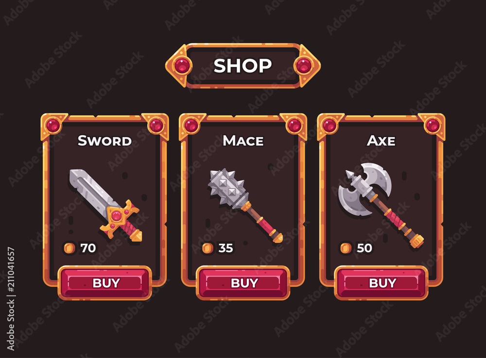 Fantasy game weapon shop concept. Game shop UI frame illustration ...