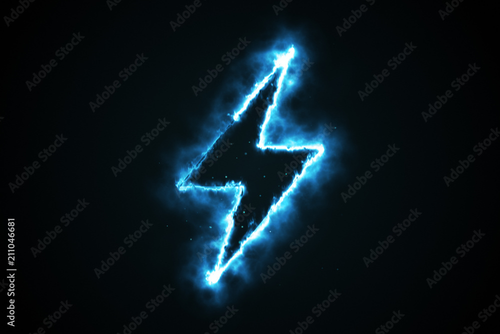 Burning blue flame lightning shape on black background, 3d illustration ...