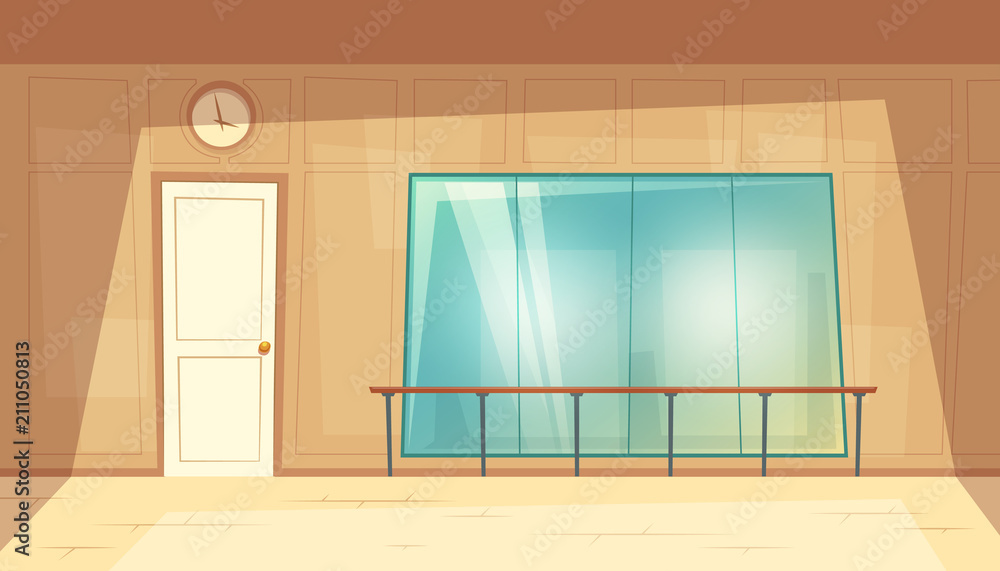 Vector cartoon illustration of empty dance-hall with mirrors and wooden ...
