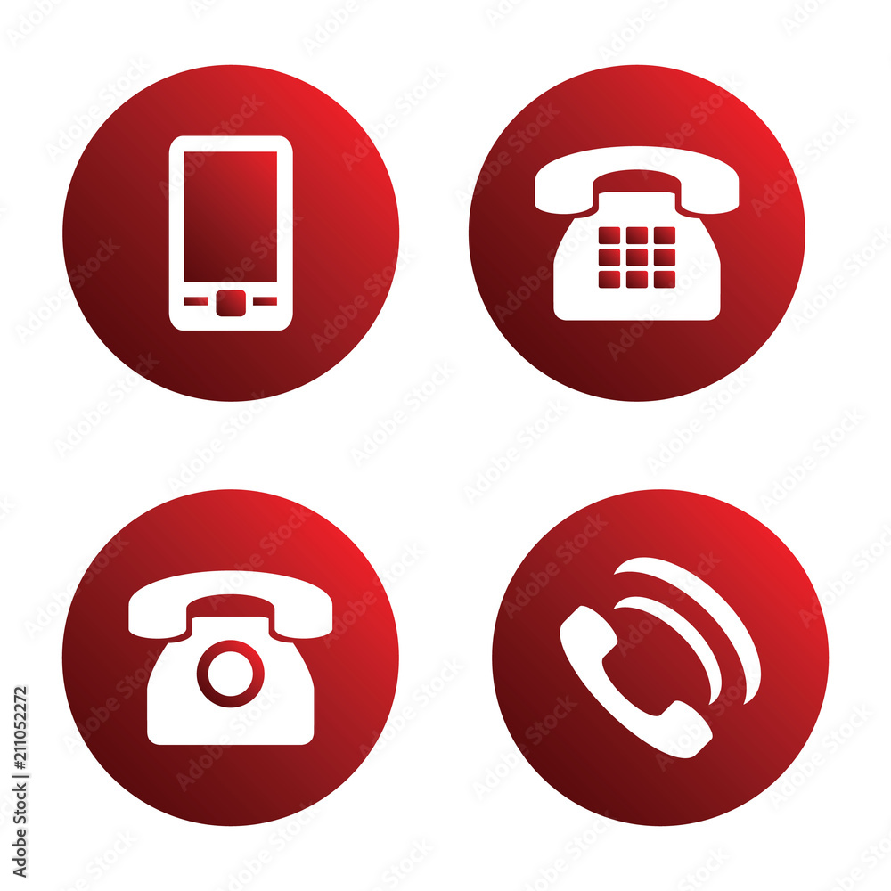 Vector icon set: red phone icons - mobile phone, handset, two types of ...