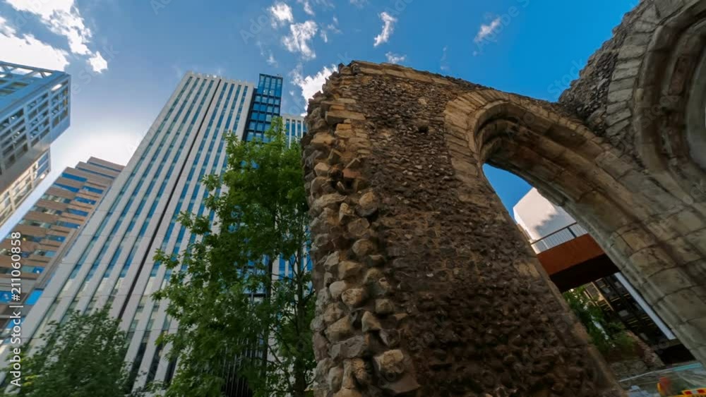 Wide angle shot revealing the ruins of a Roman fortification side by ...