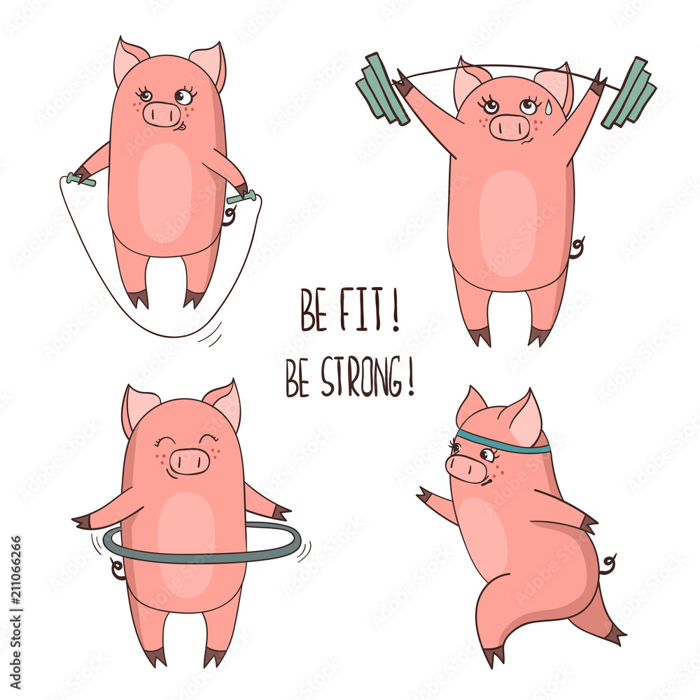 Set of cute cartoon pigs involved in sports. Vector fitness ...