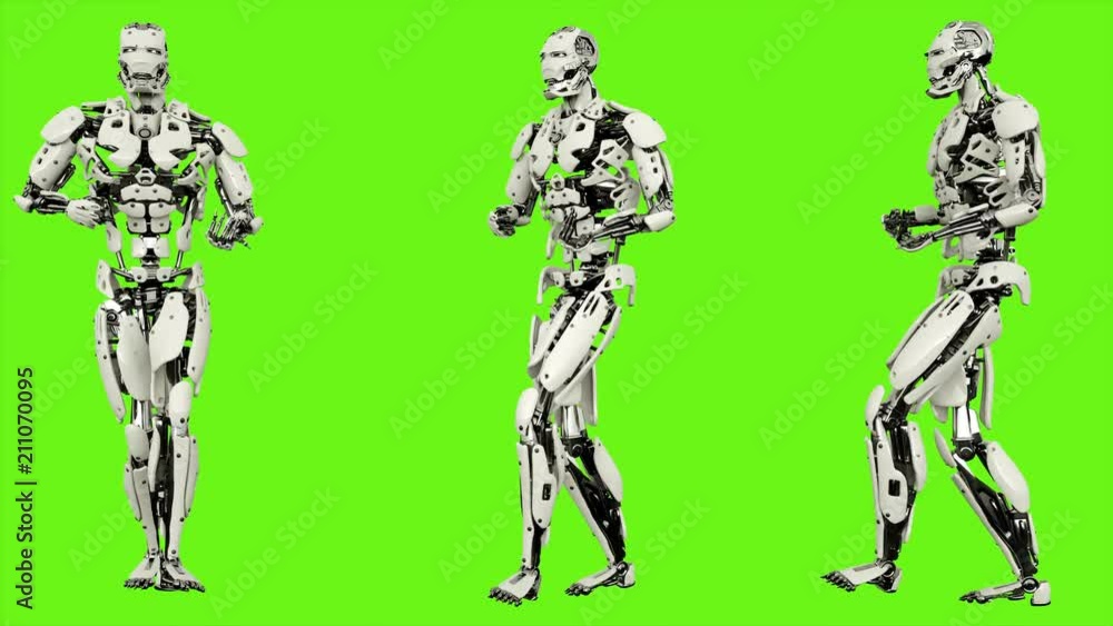 Robot android is backwards rife walk. Realistic looped motion on green ...