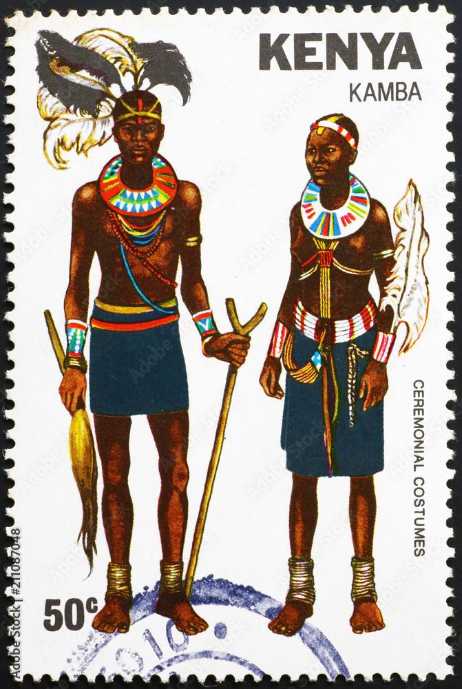 Ceremonial costumes of Kamba tribe on kenyan stamp Stock Photo | Adobe ...