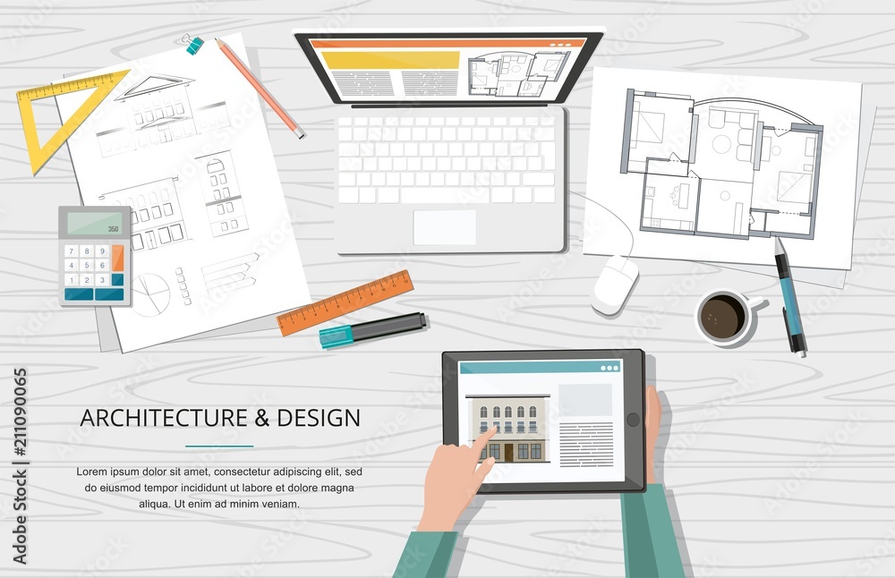 Construction project architect house plan with tools, laptop and ...