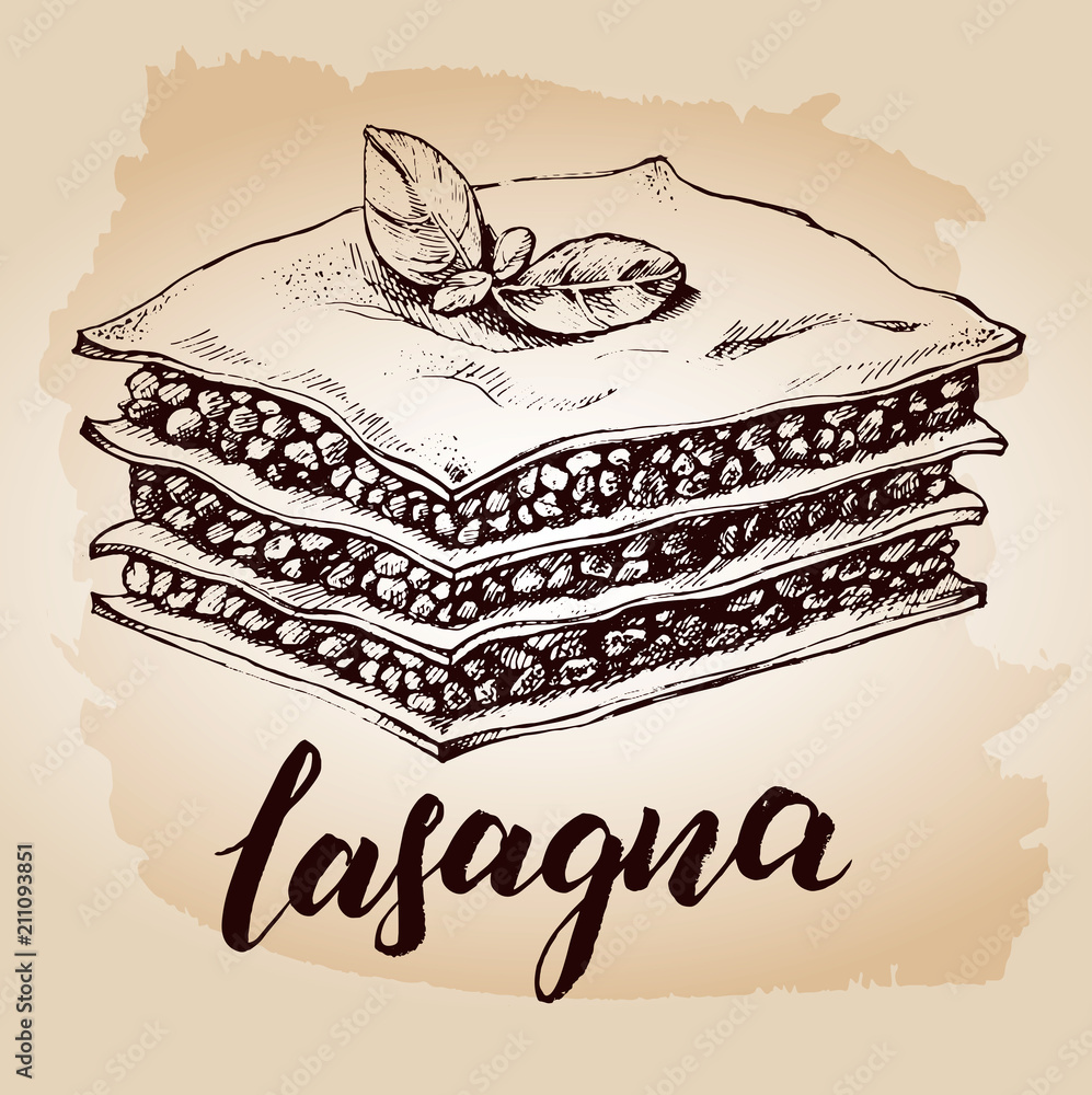 Lasagna with basil leaves. Dish of Italian cuisine. Ink hand drawn ...